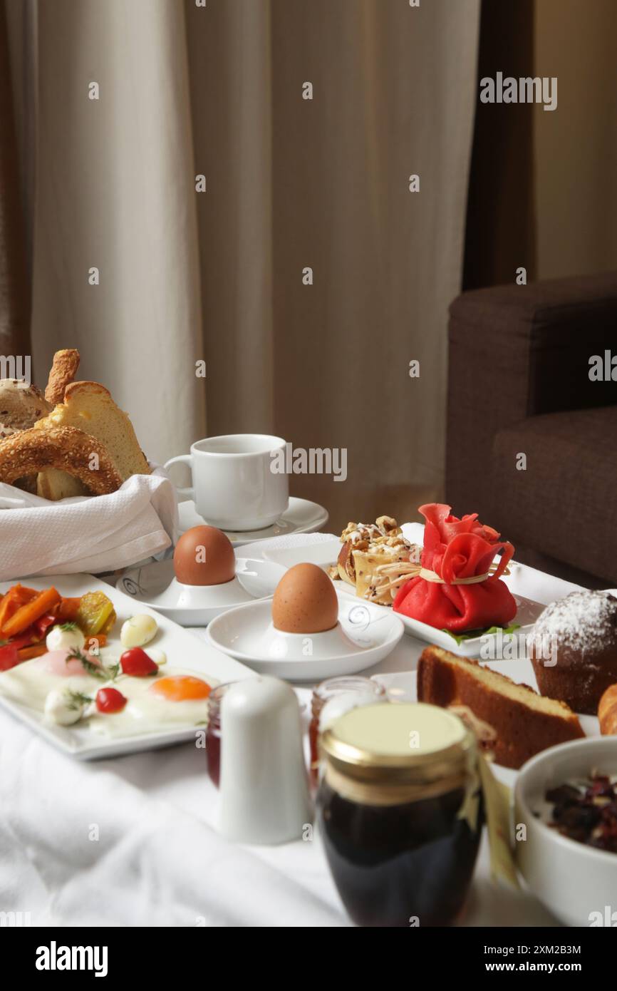 Classic hotel breakfast with various choice of food, eggs, cereals ...