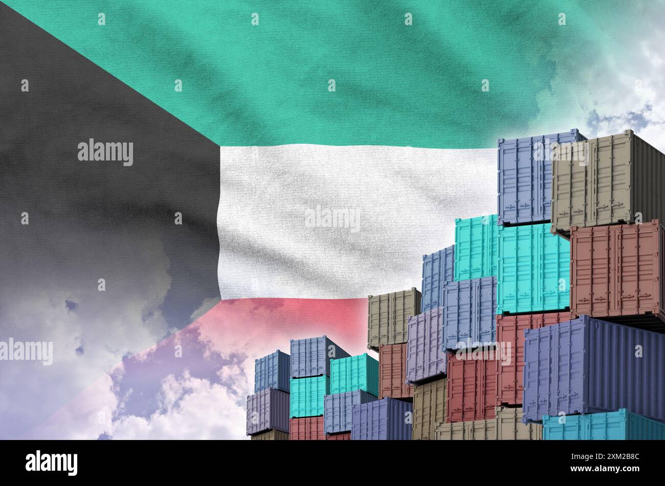 Kuwait flag and big stack of shipping cargo containers in docks with ...