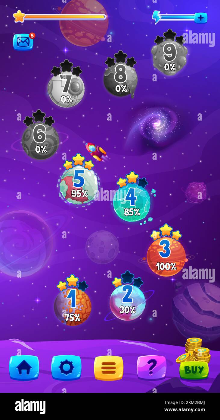 Galaxy space game map screen. Cartoon gui interface with menu, planets ... Galaxy space game map screen. Cartoon gui interface with menu, planets ...