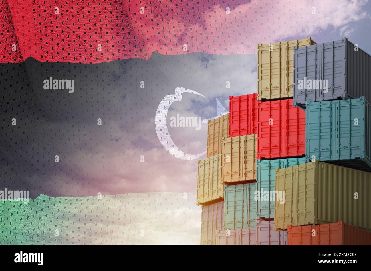 Libya flag and big stack of shipping cargo containers in docks with sky ...