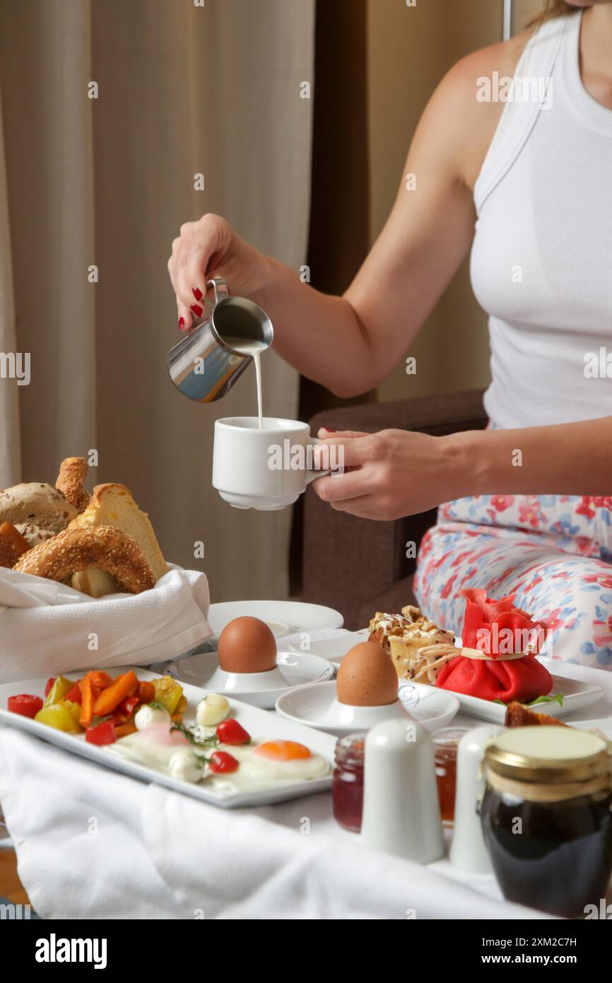 Classic hotel breakfast with various choice of food, eggs, cereals ...