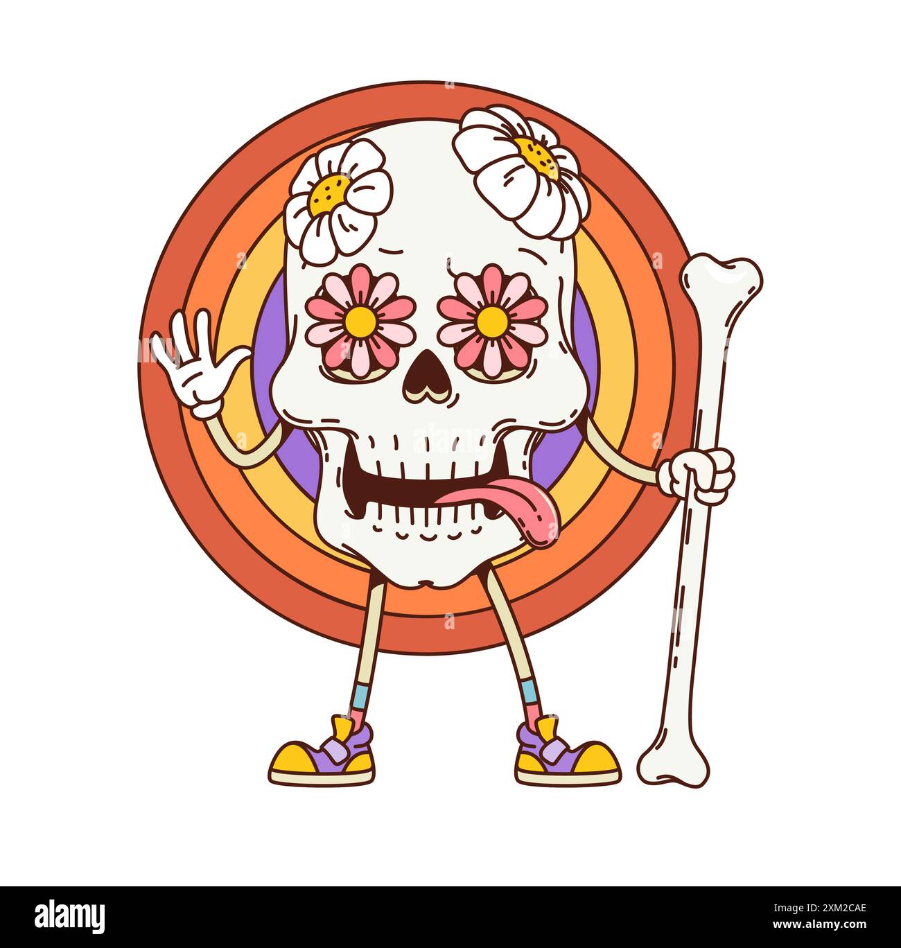 Retro groovy Halloween sugar skull character. Isolated vector Muertos ...