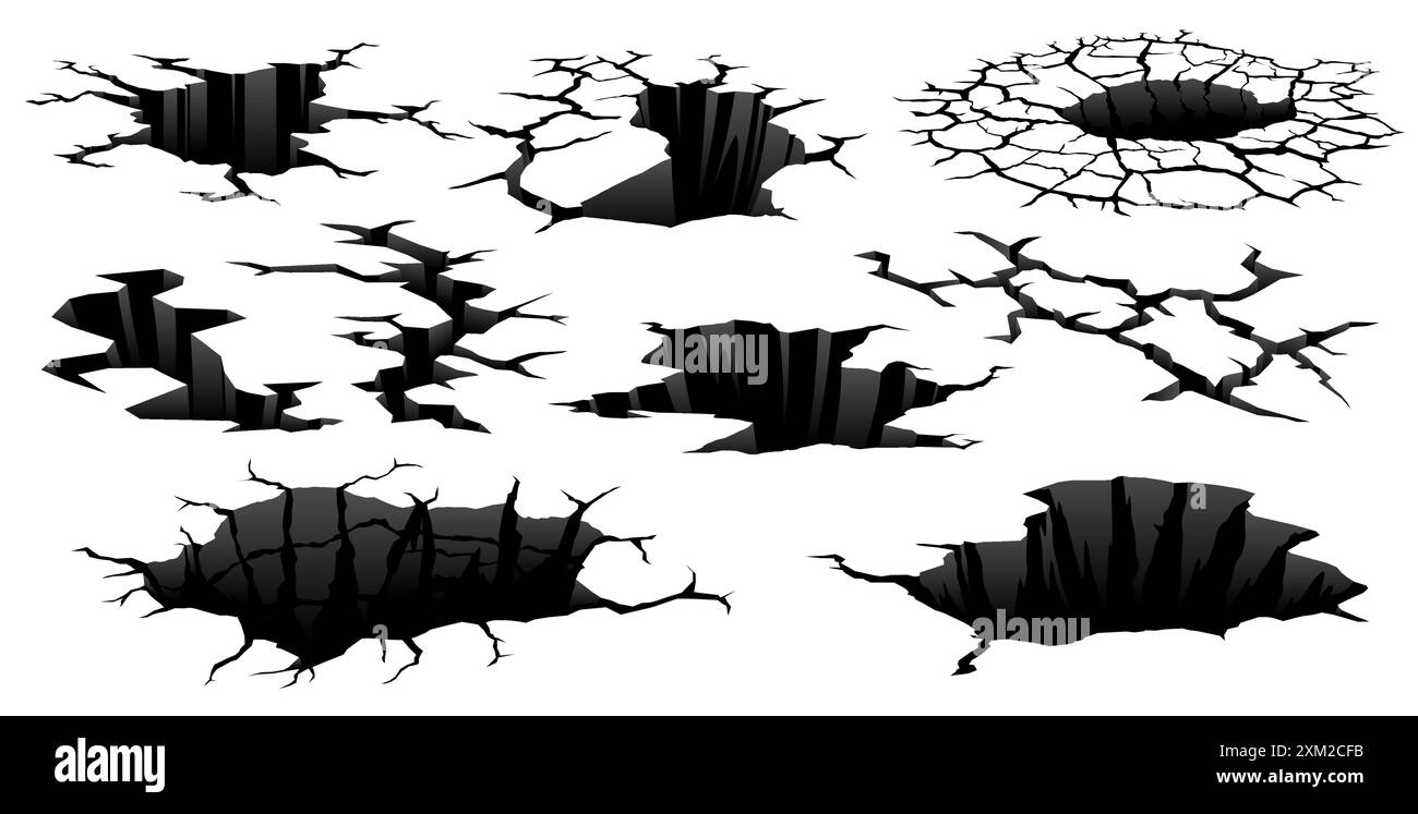 Ground cracks and holes, earthquake breaks and soil split or land crash ...