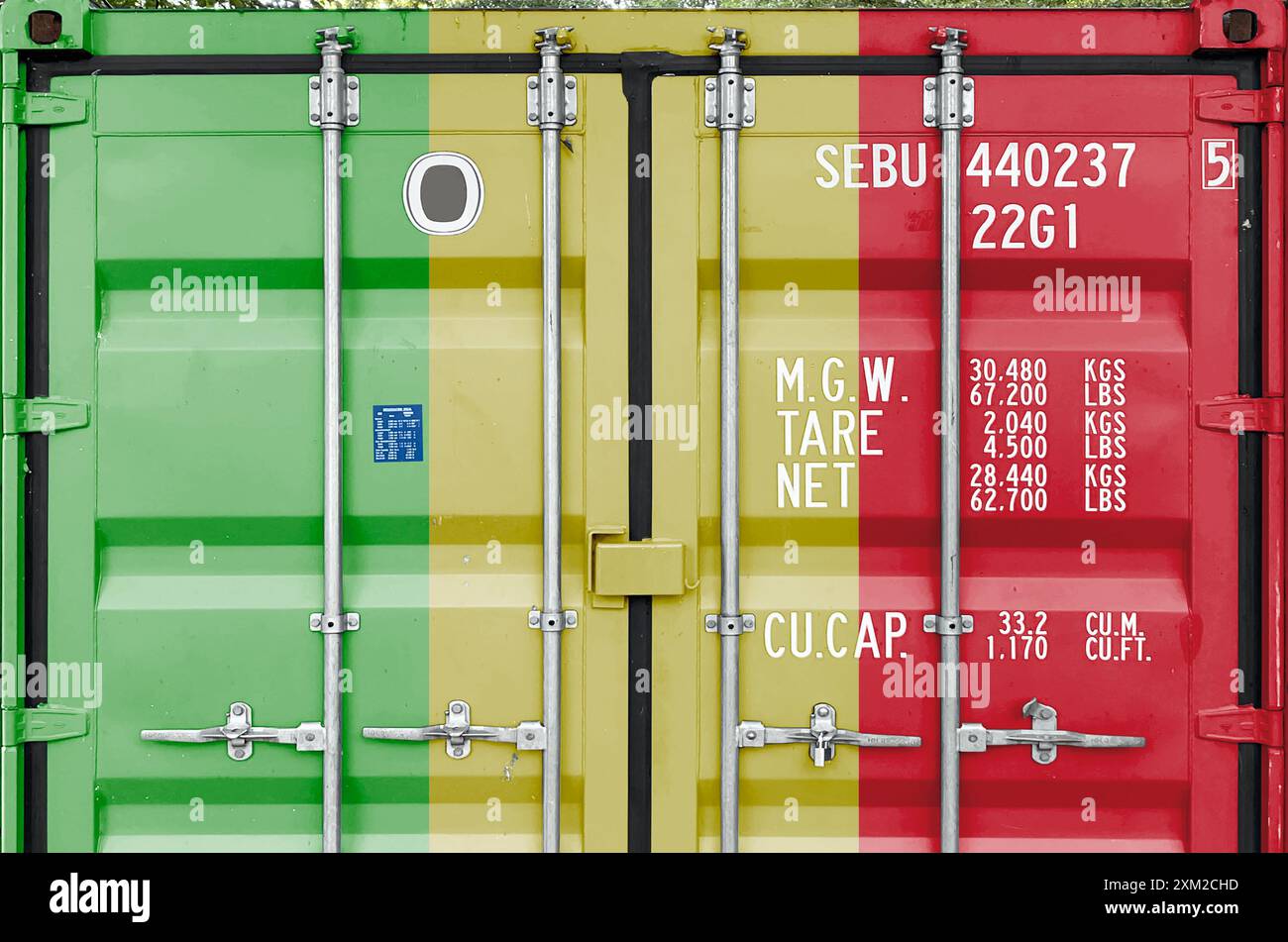 Mali flag depicted on metal doors of shipping cargo container outdoors ...