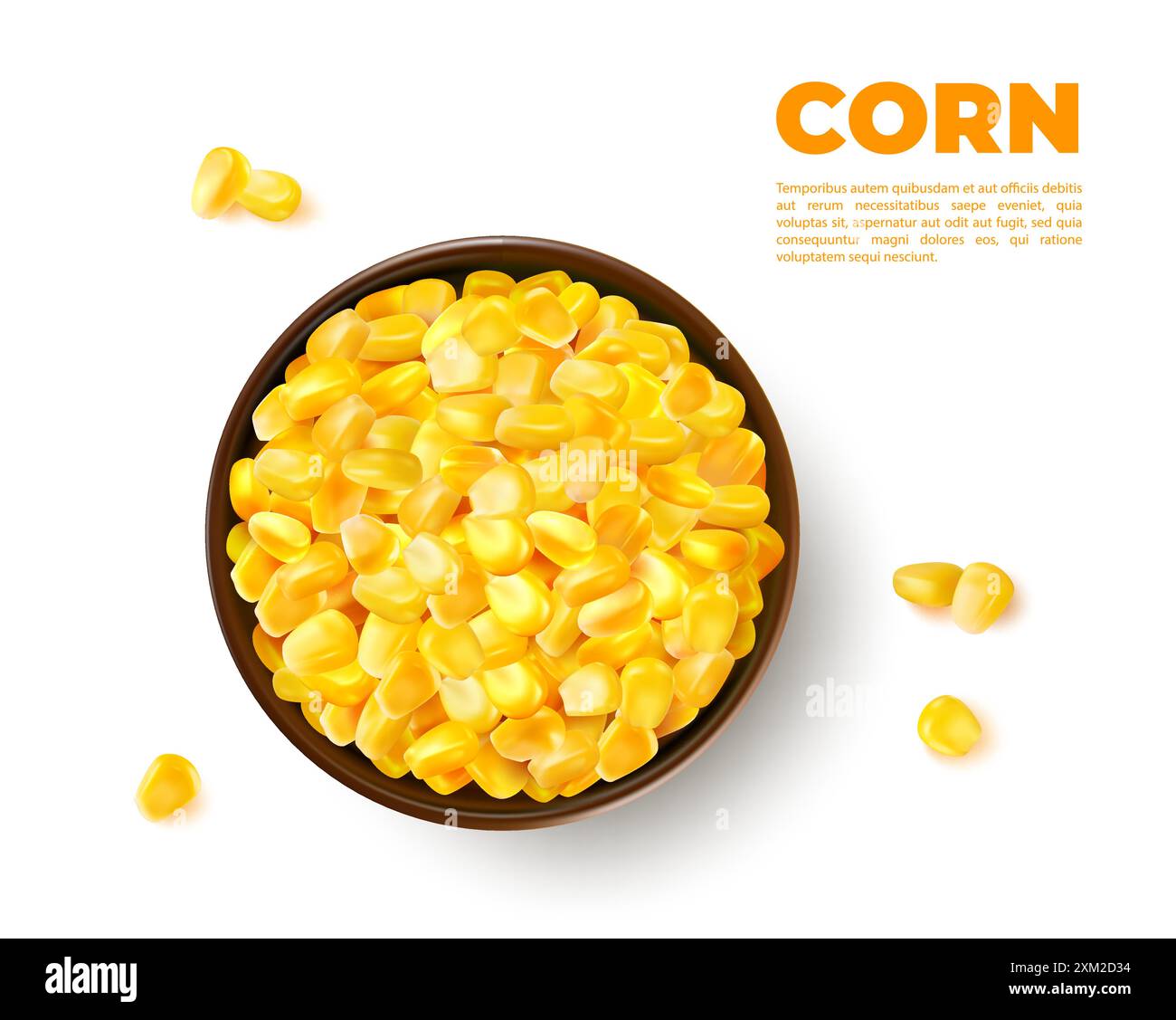 Realistic sweet corn bowl, yellow sweetcorn maize kernels top view. 3d ...
