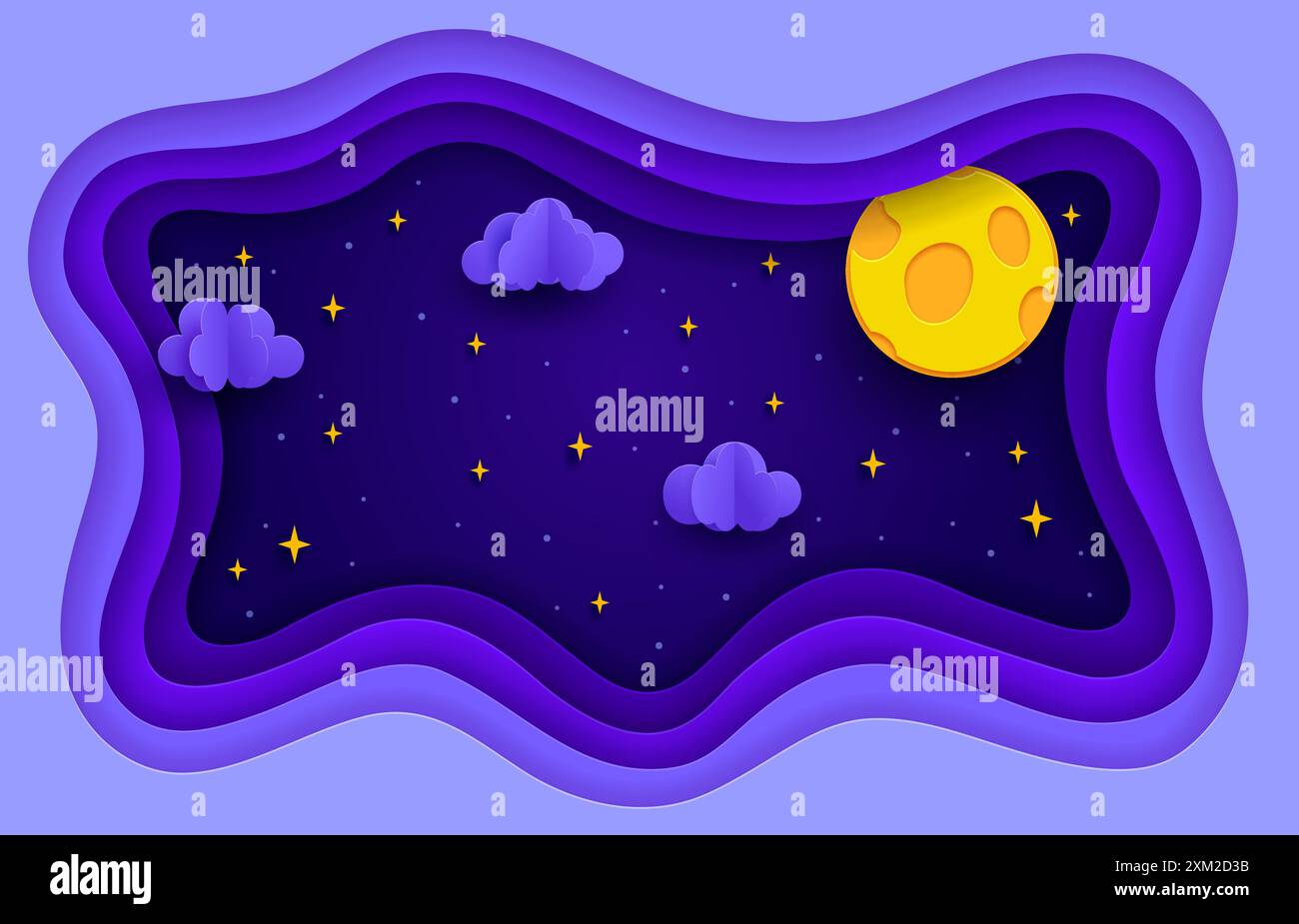Paper cut night sky moon, clouds and stars. 3d vector layered papercut ...