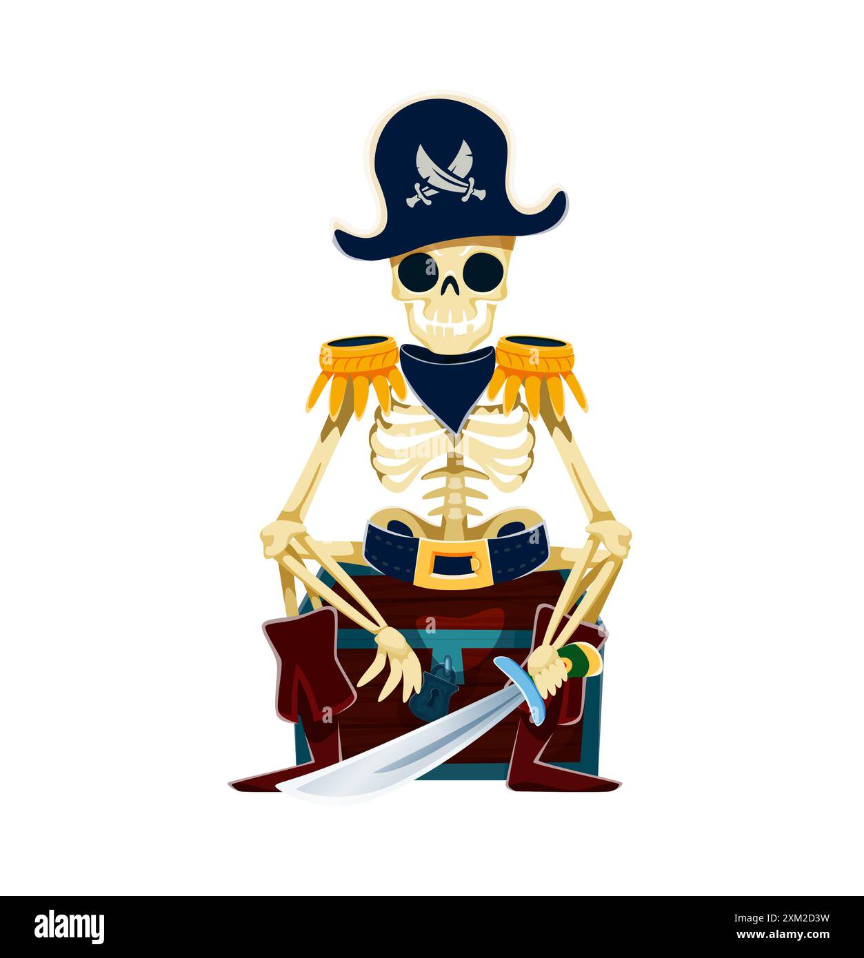 Cartoon skeleton pirate captain character sitting on the treasure chest ...