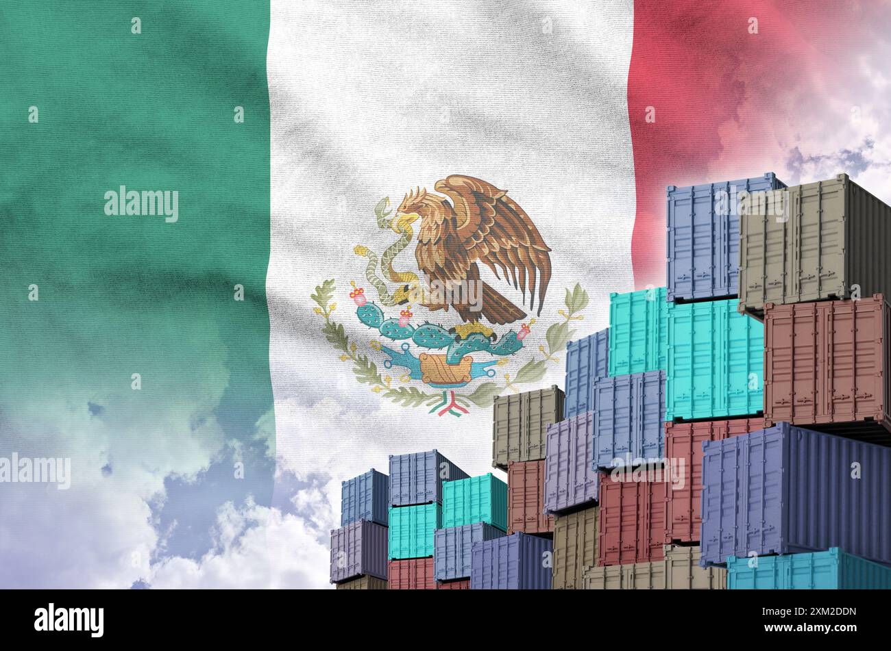 Mexico flag and big stack of shipping cargo containers in docks with ...
