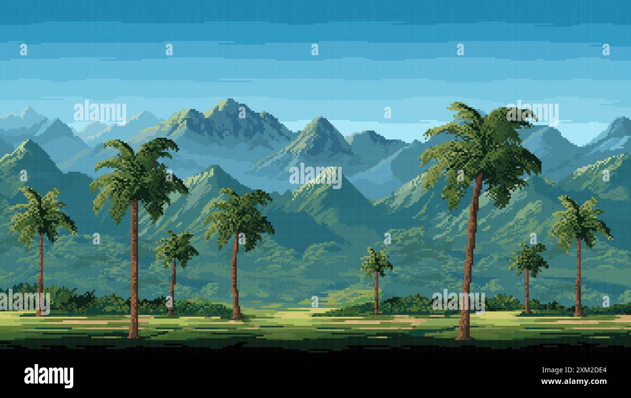 8 bit pixel art jungle forest game level landscape. Vector natural ...
