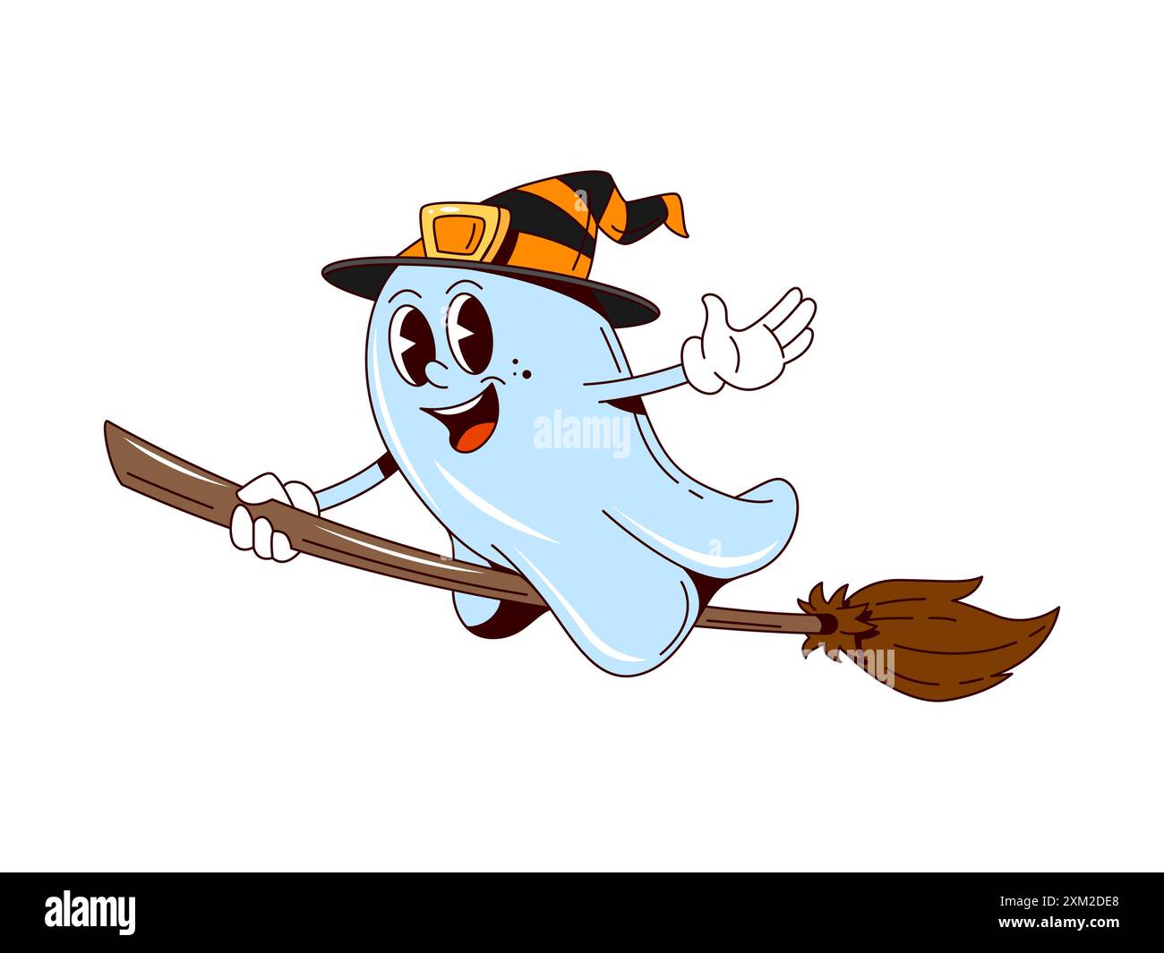 Cartoon groovy Halloween ghost character on witch broom for horror ...