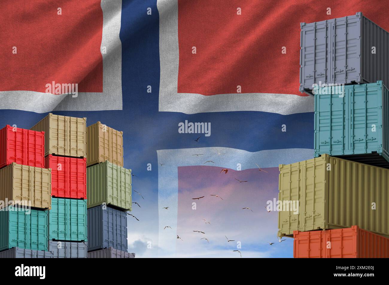 Norway flag and big stack of shipping cargo containers in docks with ...