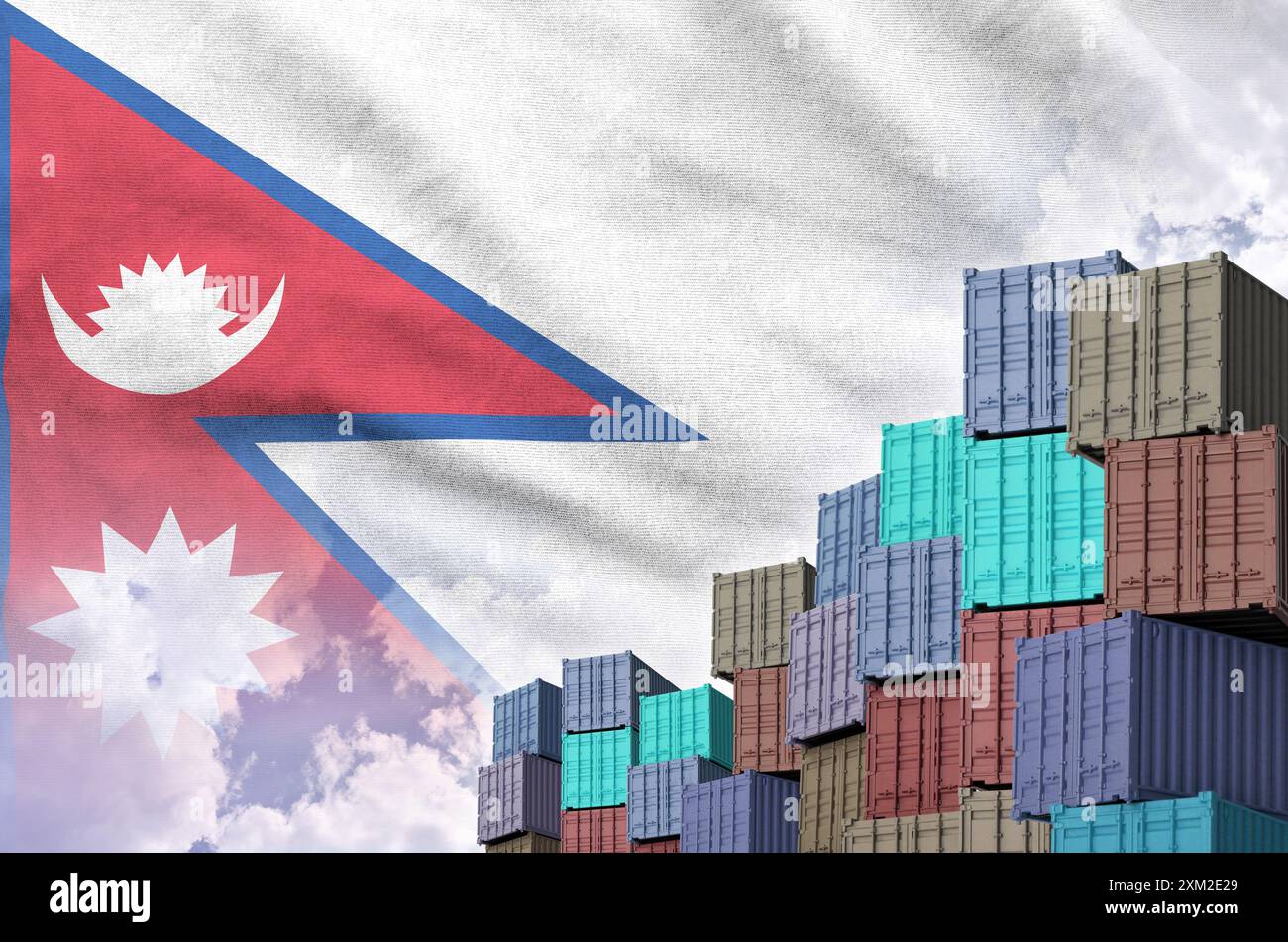 Nepal flag and big stack of shipping cargo containers in docks with sky ...