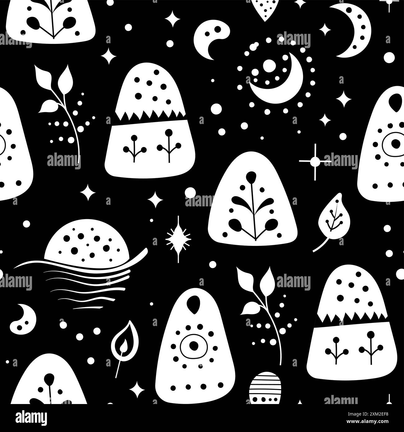 Seamless neo folk art vector pattern with mountains, moon and flowers ...