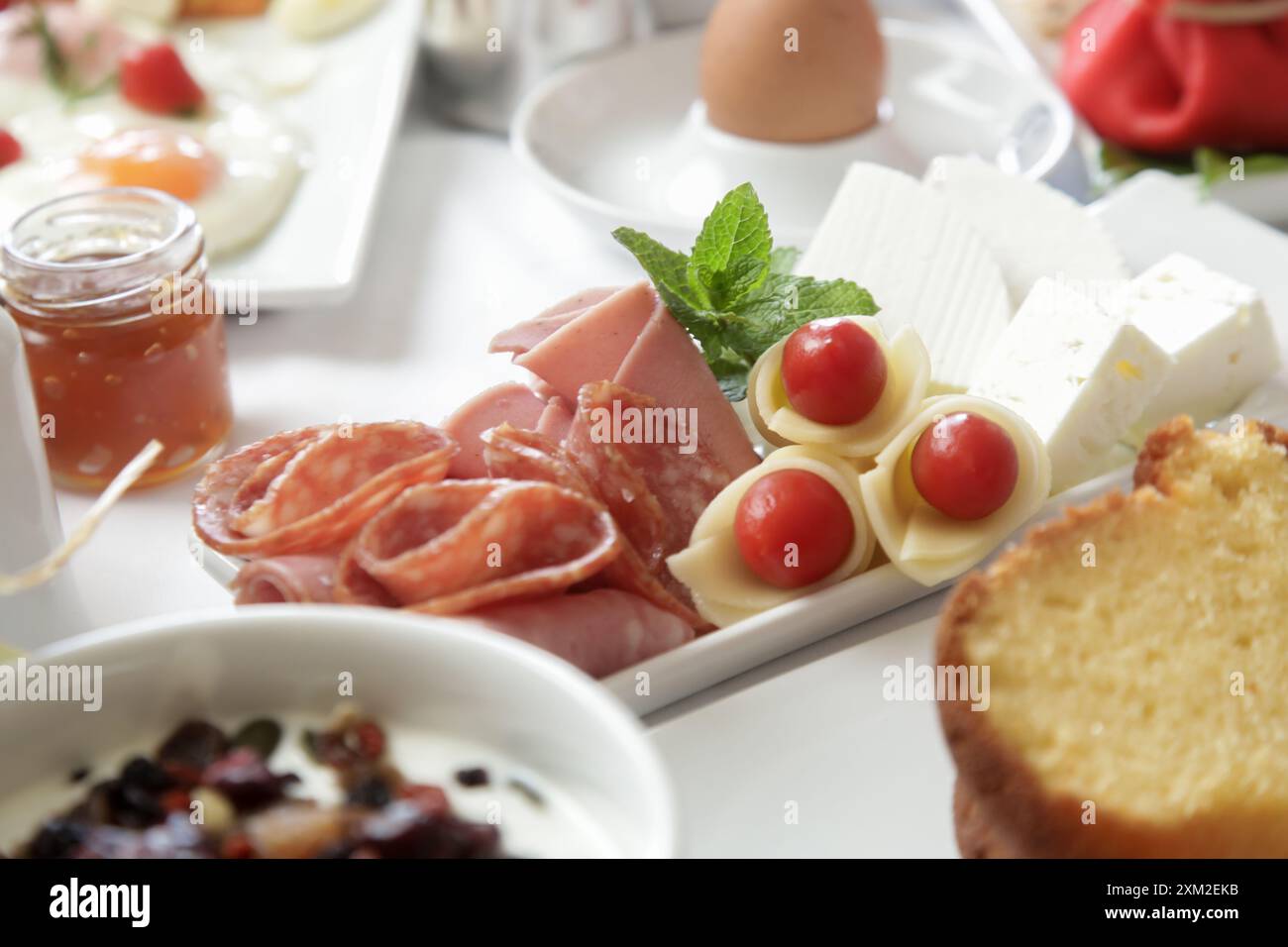 Classic hotel breakfast with various choice of food, eggs, cereals ...