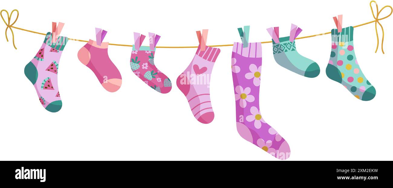 Clothesline socks. Socks on a rope, Baby socks with patterns vector ...