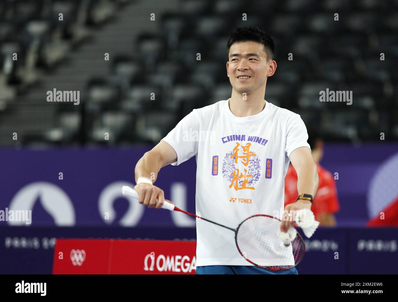Paris, France. 25th July, 2024. Zheng Siwei of China takes part in a badminton training session ...