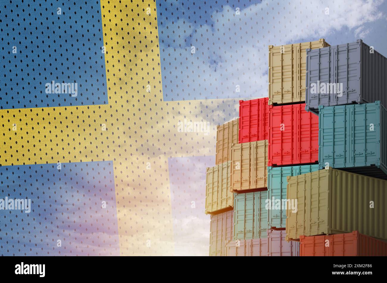 Sweden flag and big stack of shipping cargo containers in docks with ...