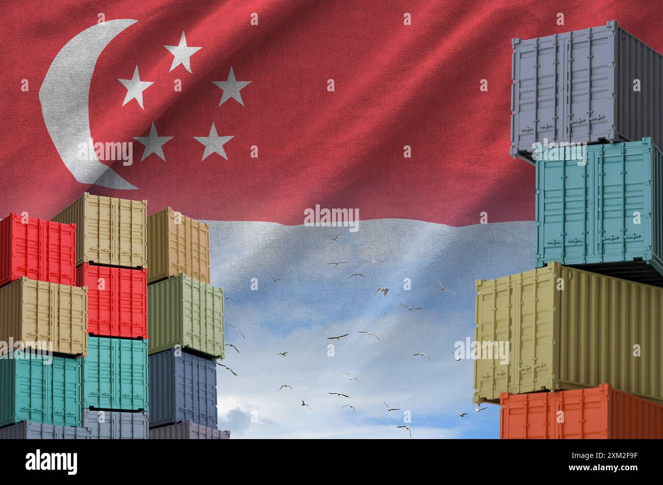 Singapore flag and big stack of shipping cargo containers in docks with ...