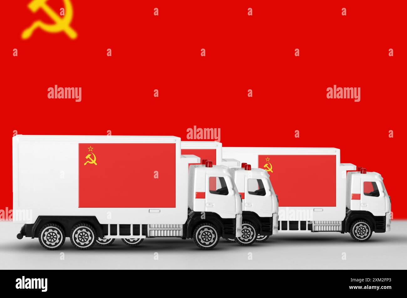 Soviet Union flag depicted on side wall of white delivery van close up ...