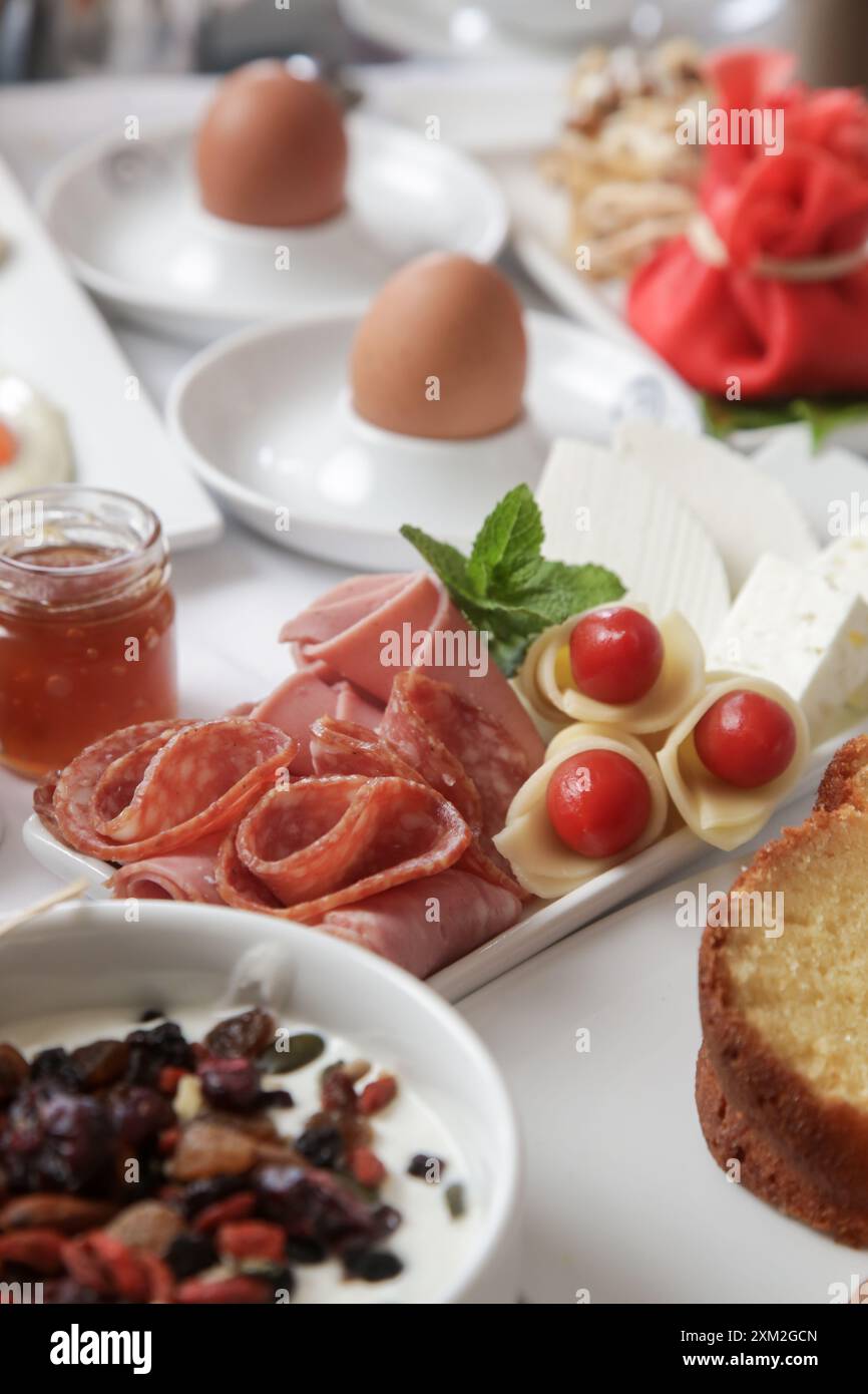 Classic hotel breakfast with various choice of food, eggs, cereals ...