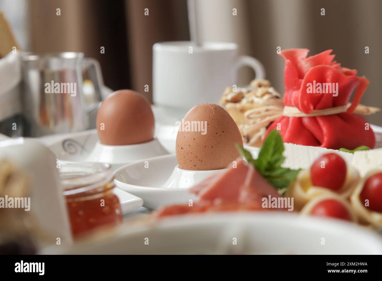 Classic hotel breakfast with various choice of food, eggs, cereals ...