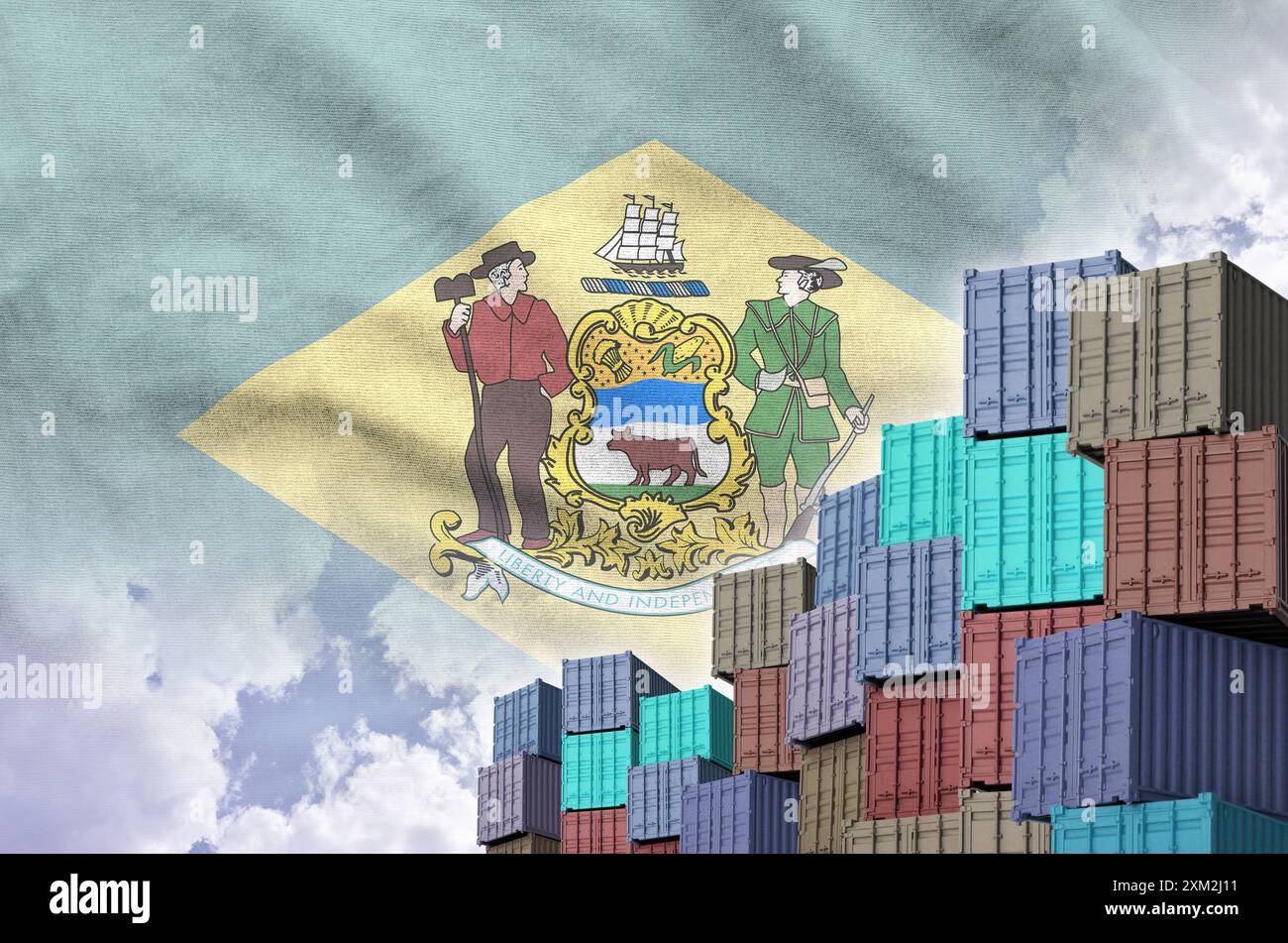 Delaware US state flag and big stack of shipping cargo containers in ...