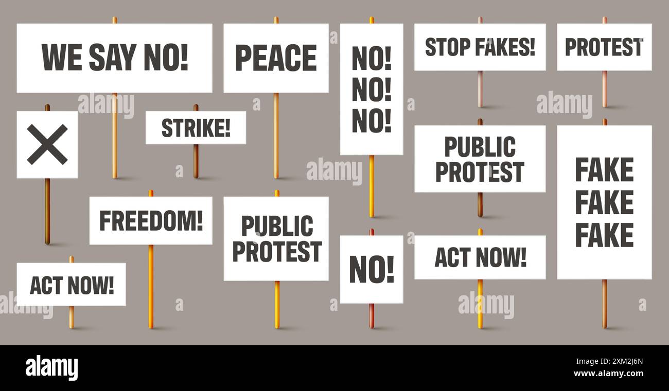 Blank white protest signs with text slogans on wooden holder. Various ...