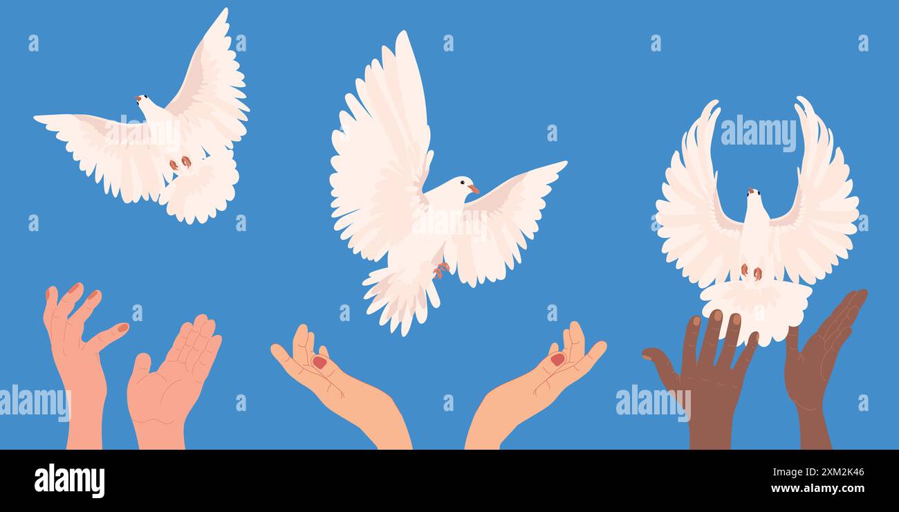 Hands with dove of peace in flat style. Vector. A white bird flies out ...