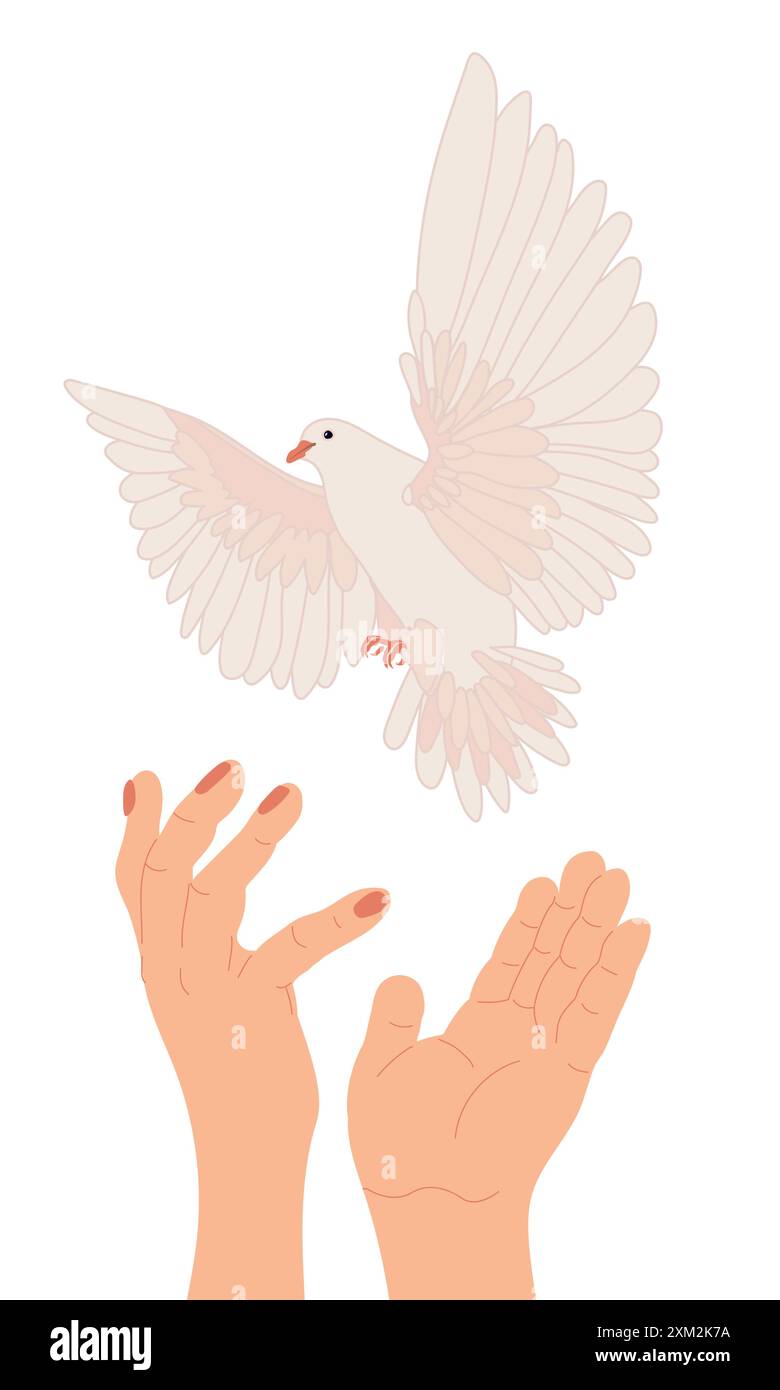 Hands with dove of peace in flat style. Vector. The white bird flies up ...