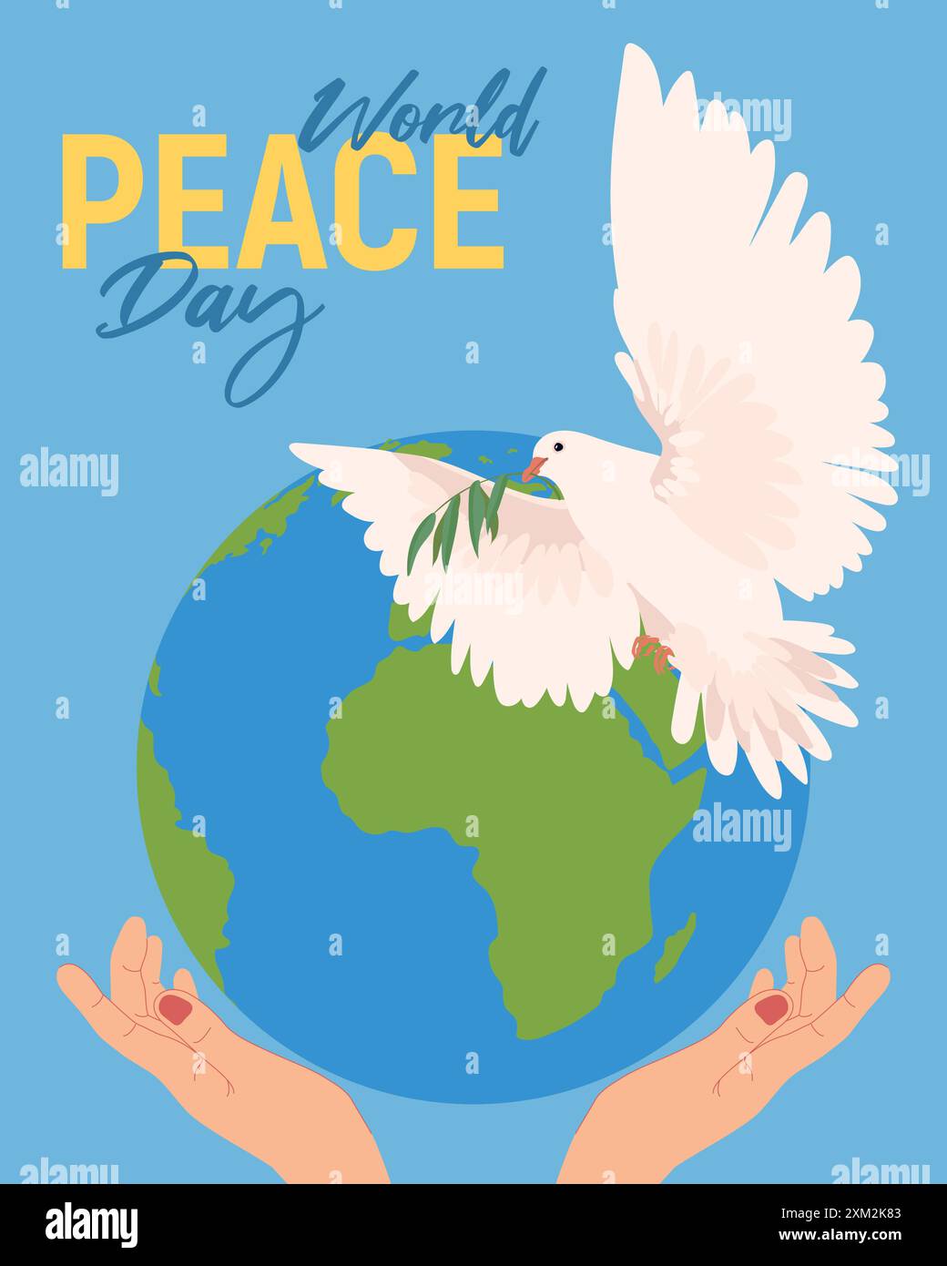Peace Day. Hands hold a globe, earth. Dove with an olive branch. Flat ...