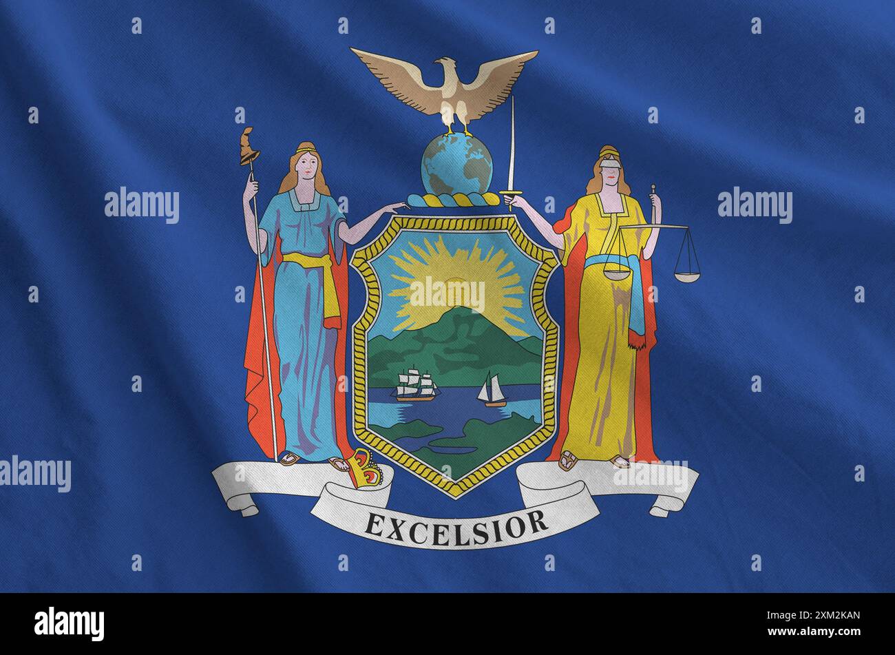New York US state flag depicted on folded wavy fabric of old cloth ...