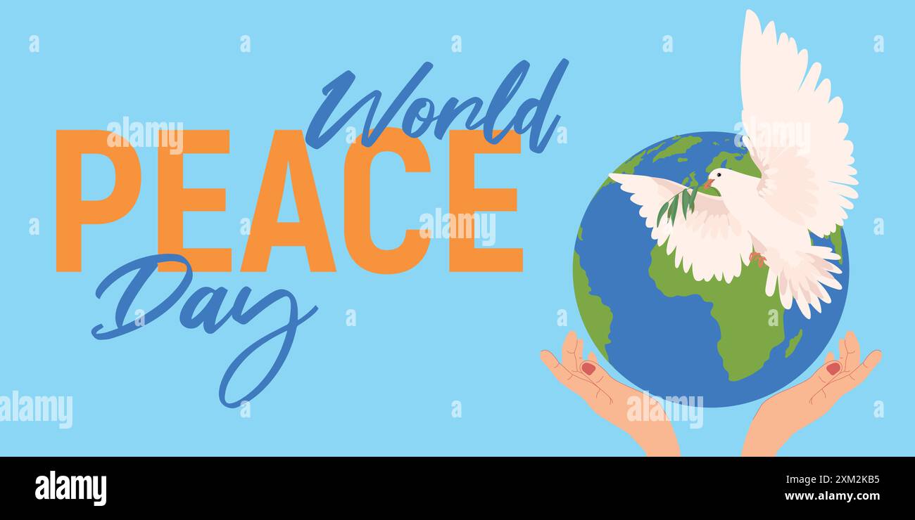 Peace Day. Hands hold a globe, earth. Dove with an olive branch. Flat ...