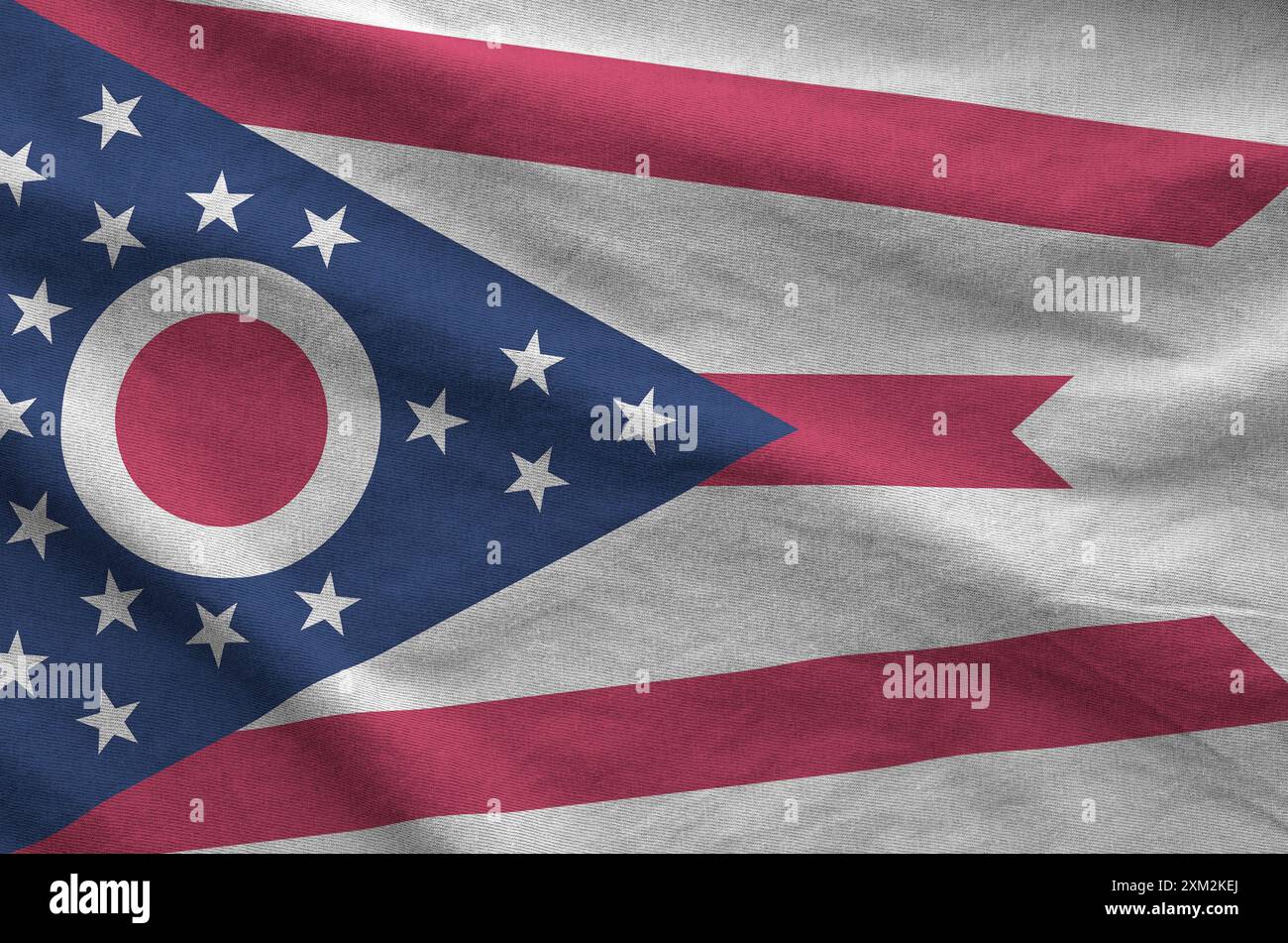 Ohio US state flag depicted on folded wavy fabric of old cloth close up ...