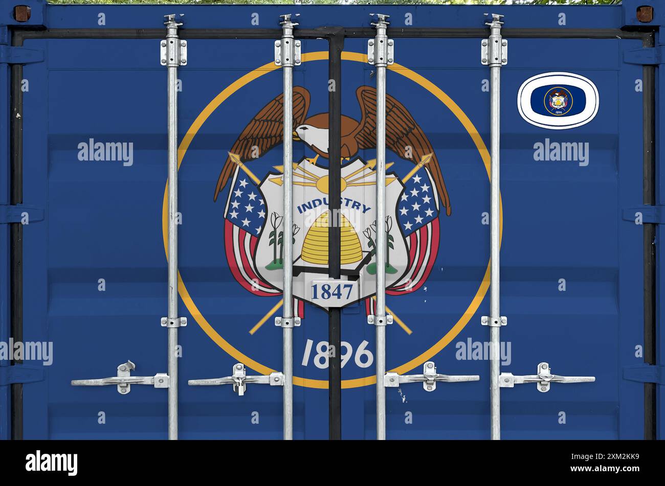 Utah US state flag depicted on metal doors of shipping cargo container ...