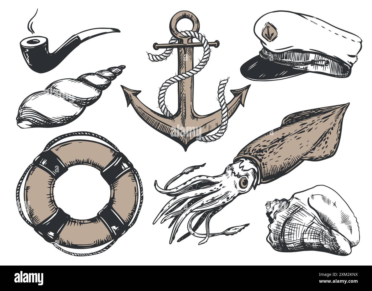 Elements of the life of a sea fisherman. Anchor with a rope, captain's ...