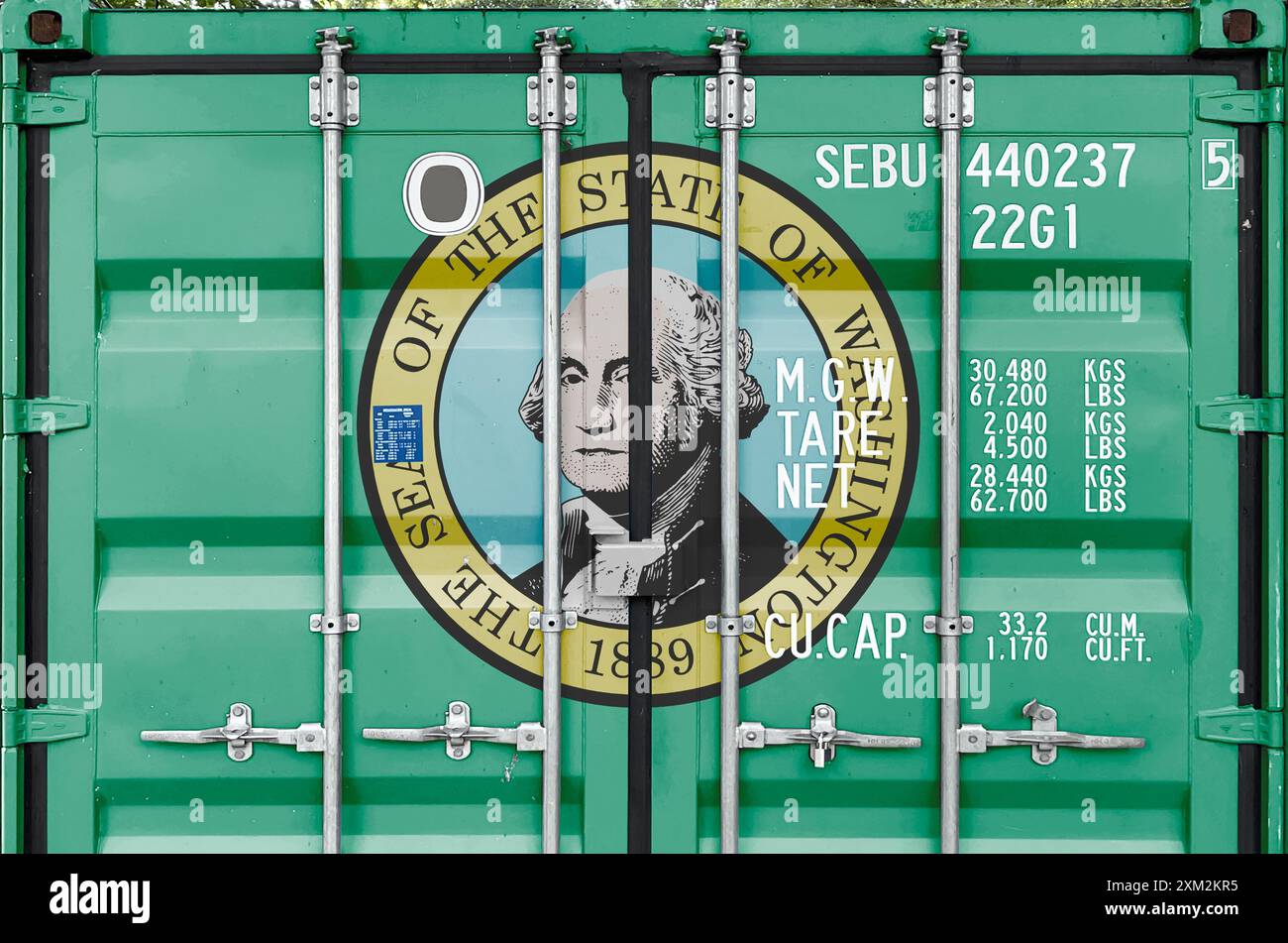 Washington US state flag depicted on metal doors of shipping cargo ...