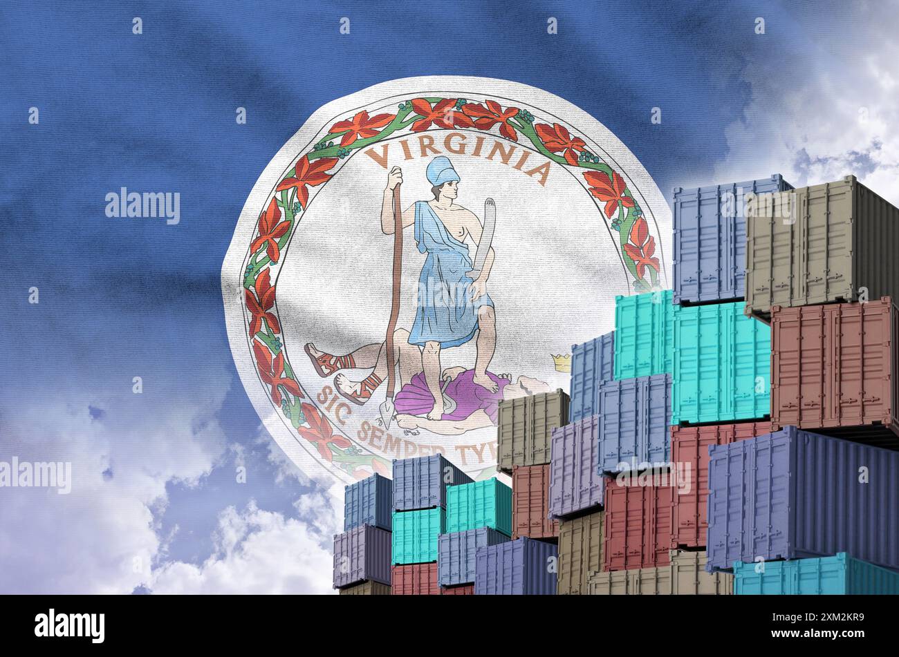 Virginia US state flag and big stack of shipping cargo containers in ...