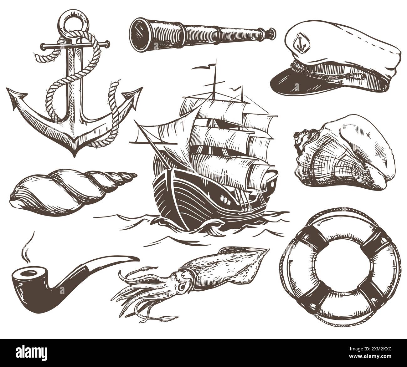 Elements of the life of a sea fisherman. Anchor with a rope, captain's ...