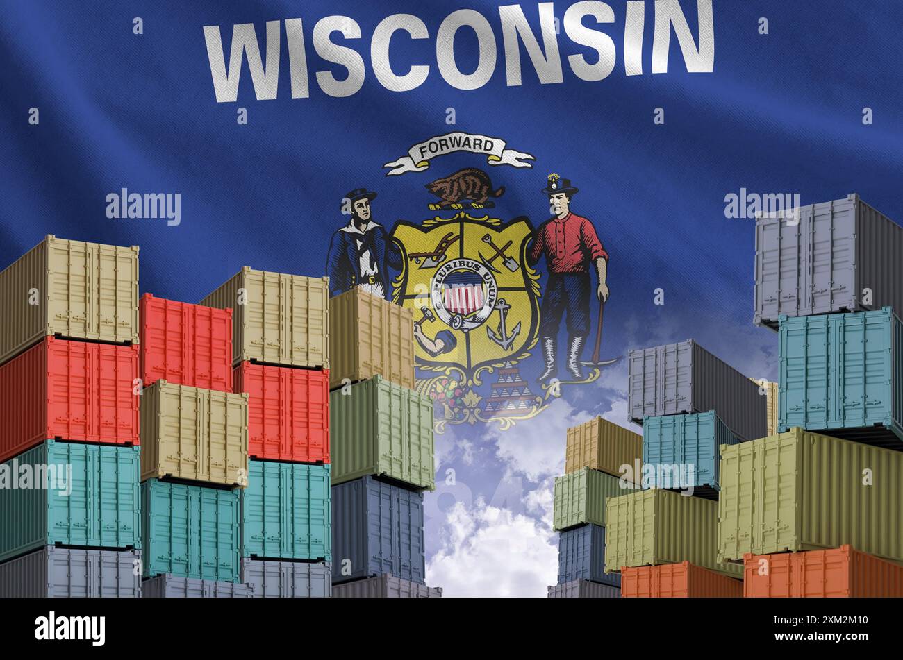 Wisconsin US state flag and big stack of shipping cargo containers in ...