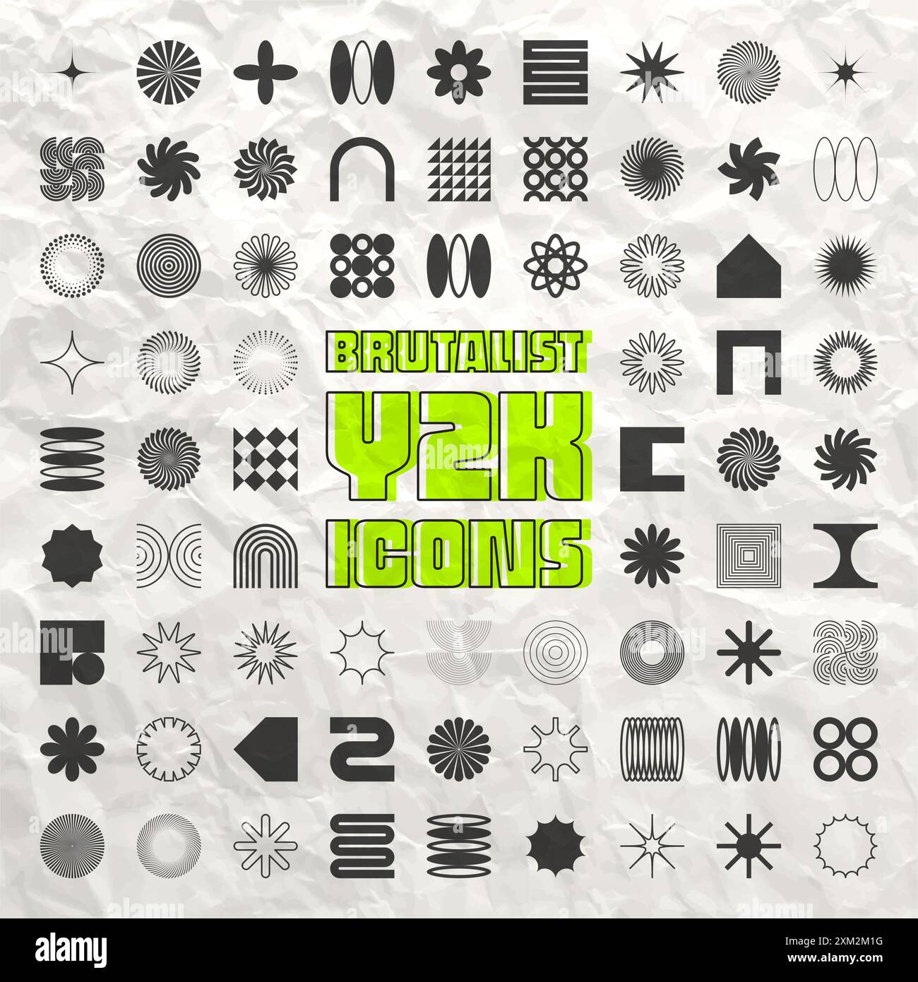 Brutalist geometric shapes, symbols. Simple primitive elements and forms, crumpled paper texture ...