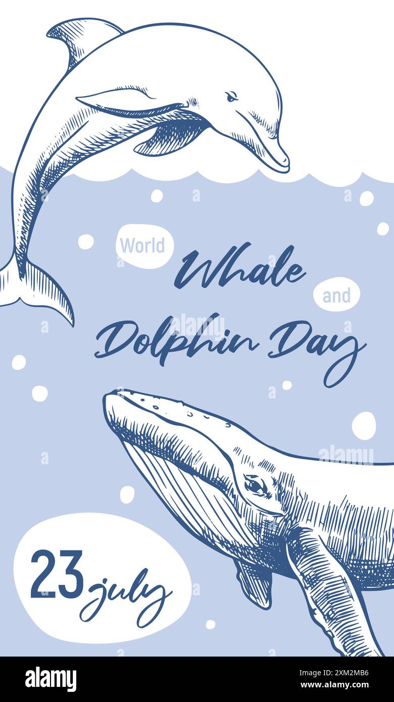 World Whale and Dolphin Day July 23rd. Vector vertical poster. Whales ...