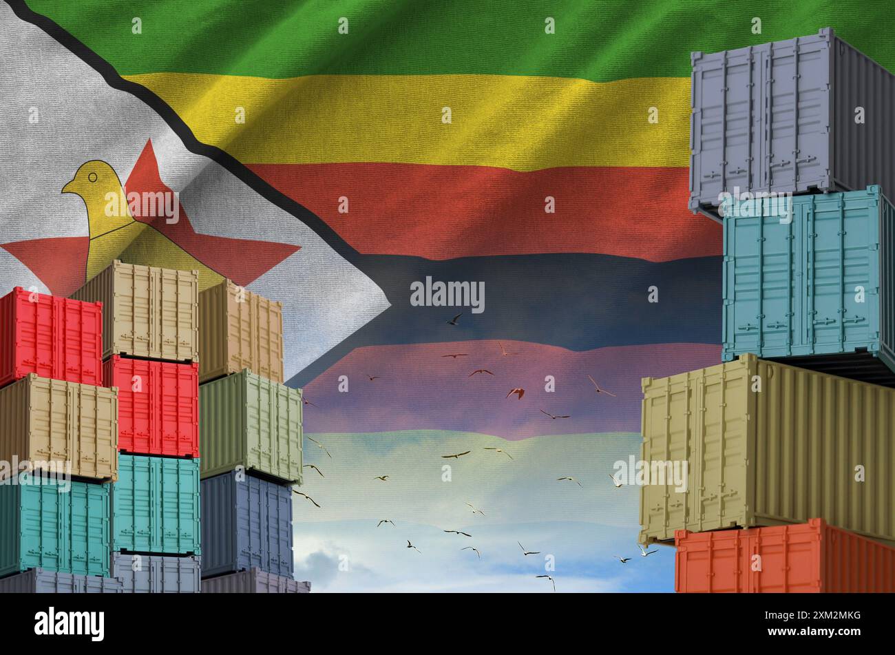Zimbabwe flag and big stack of shipping cargo containers in docks with ...