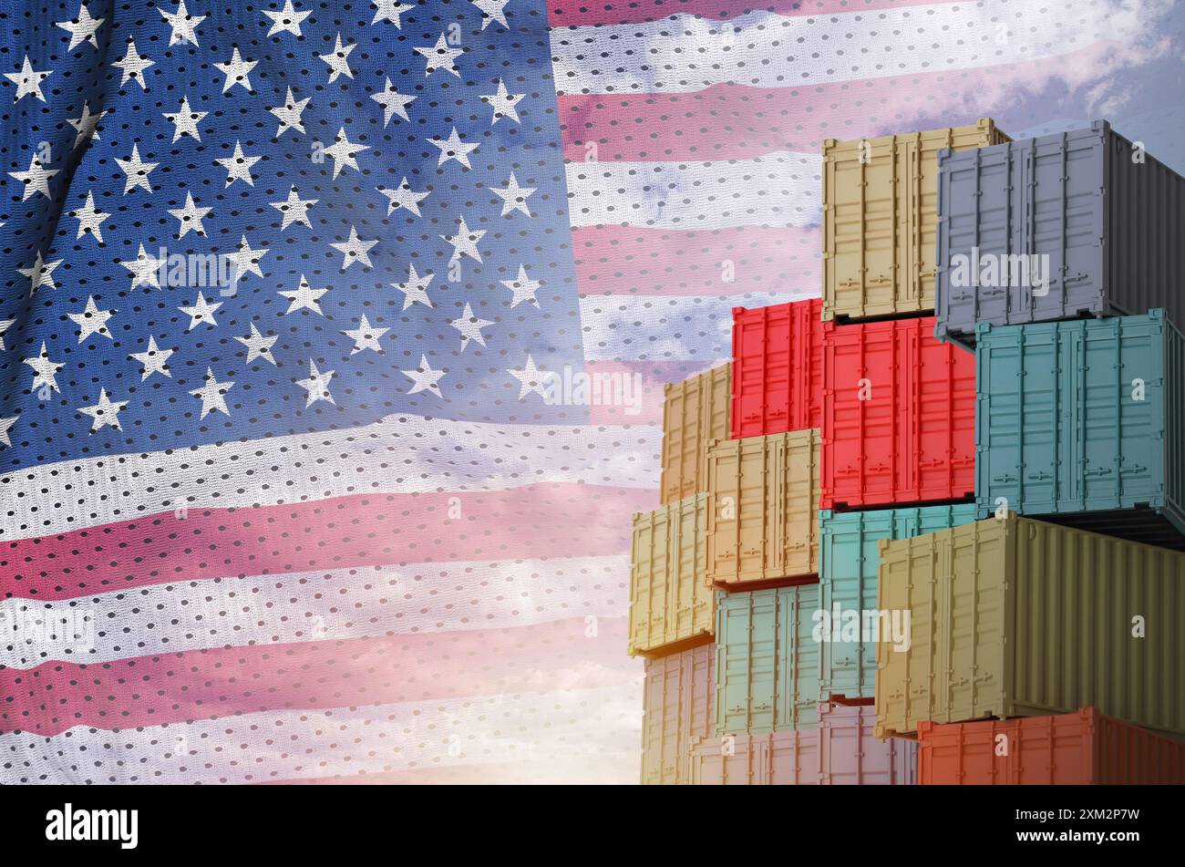 United States of America flag and big stack of shipping cargo ...