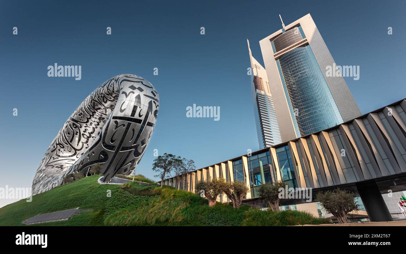 Dubai, UAE, Museum of the Future in Dubai along with Emirates towers ...