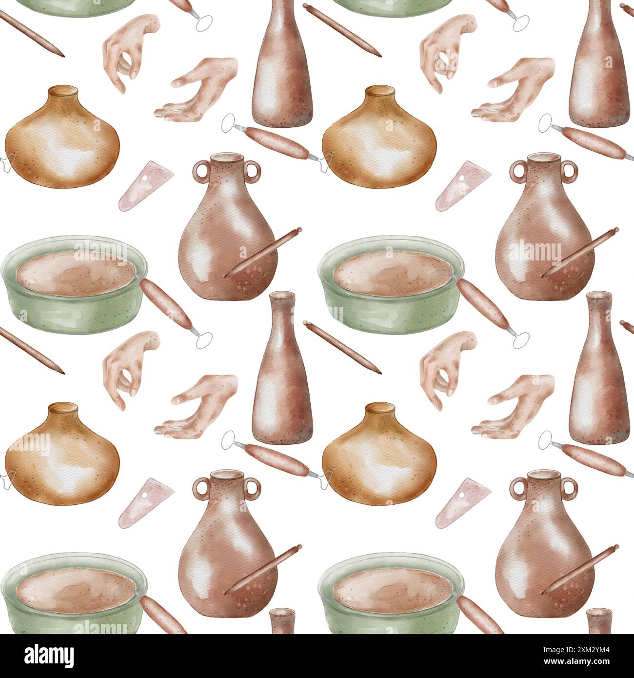 Pottery items and two hands in beige tone hand drawn seamless pattern ...