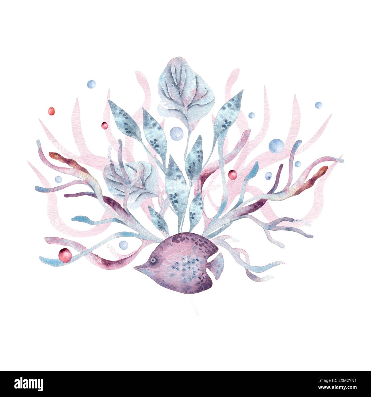 Fantasy sea composition with seaweeds and fish watercolor. Blue leaves ...