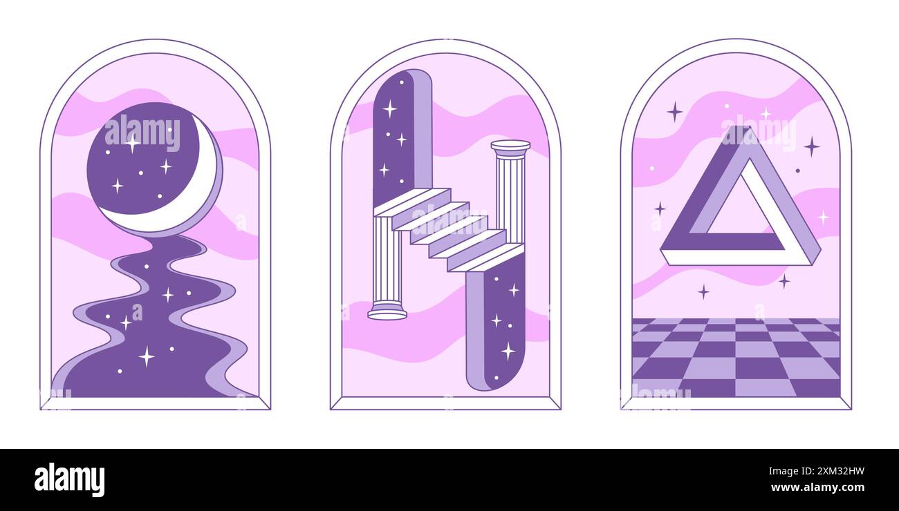 Surrealism poster set. Abstract shapes, moon light, stairs and ...