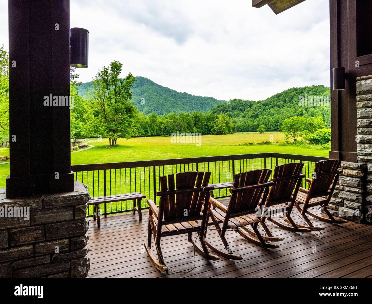 Chairs at the Oconaluftee Visitor Center overlooking the Mountain Farm ...