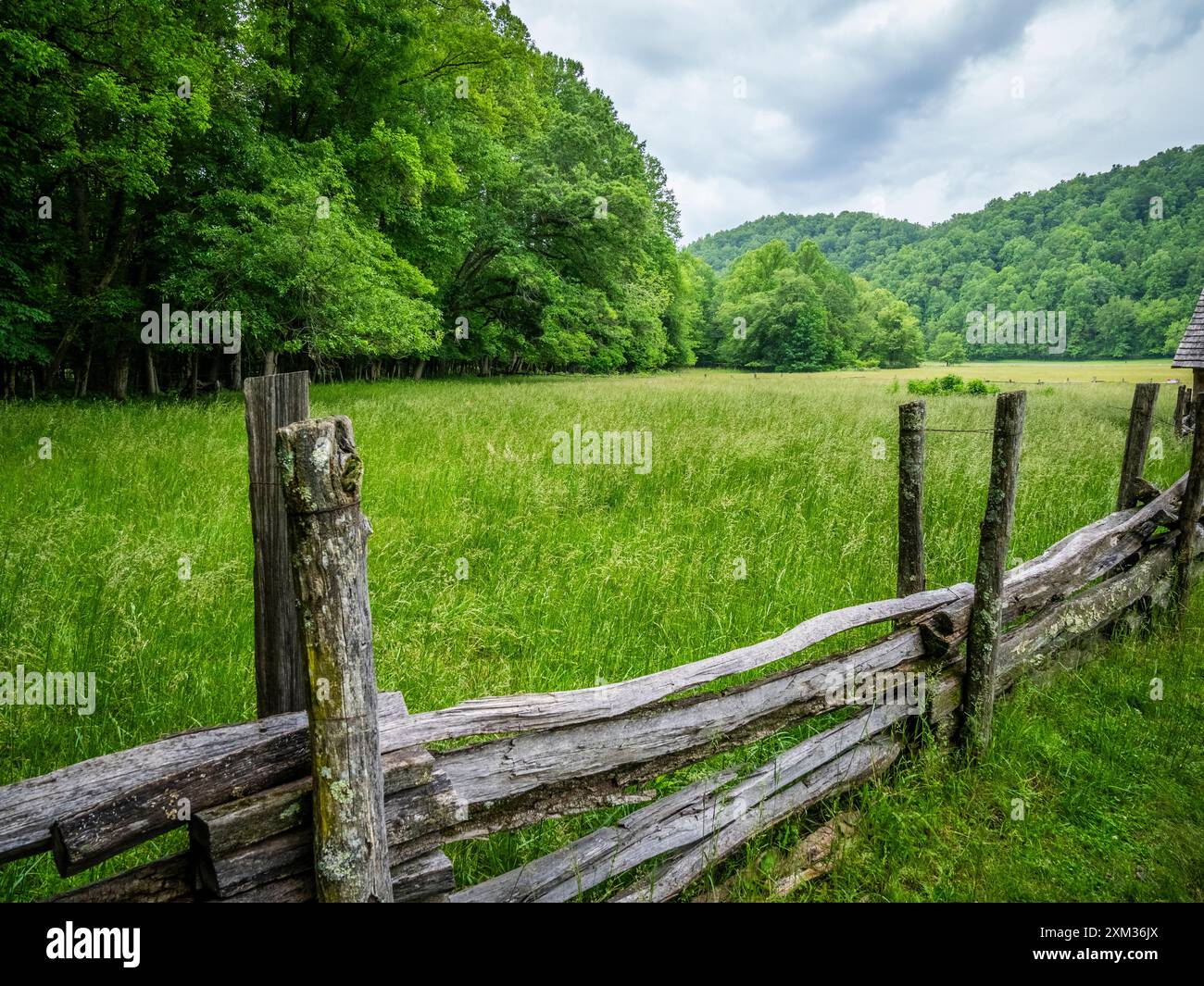 Wooden fence and open field at the Mountain Farm Museum at the ...