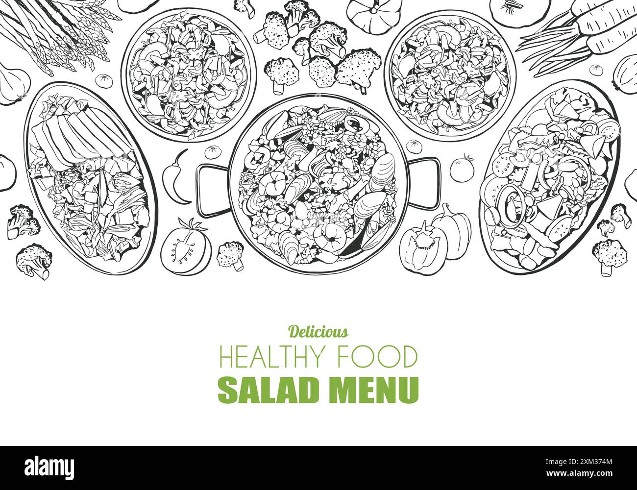 Hand drawn salads. Food menu design template. Food top view vector ...